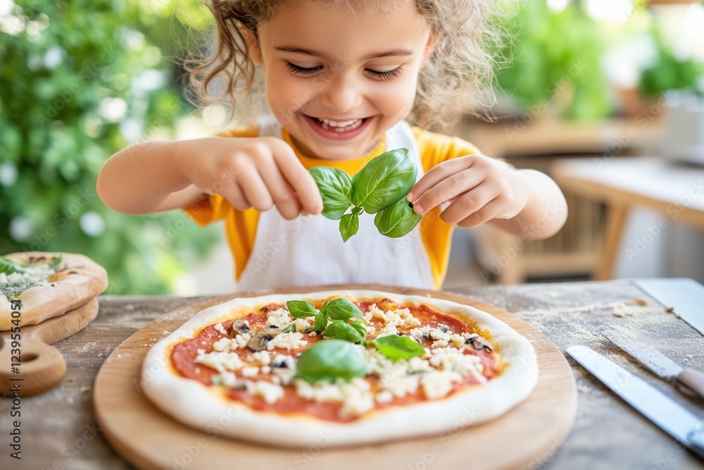 Happy little girl adding fresh basil leaves to a homemade pizza ...