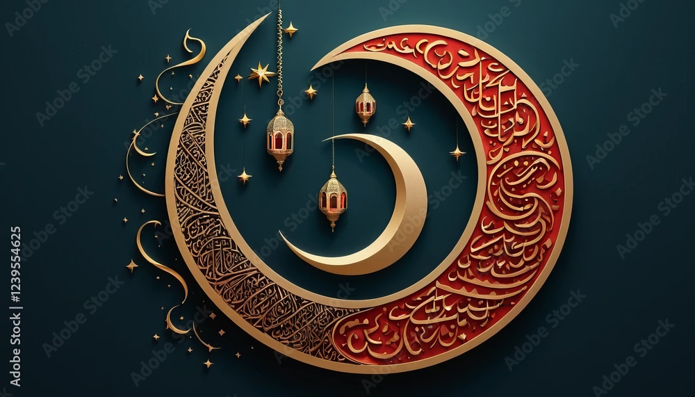 Red and golden decorative crescent moon with intricate designs on a ...