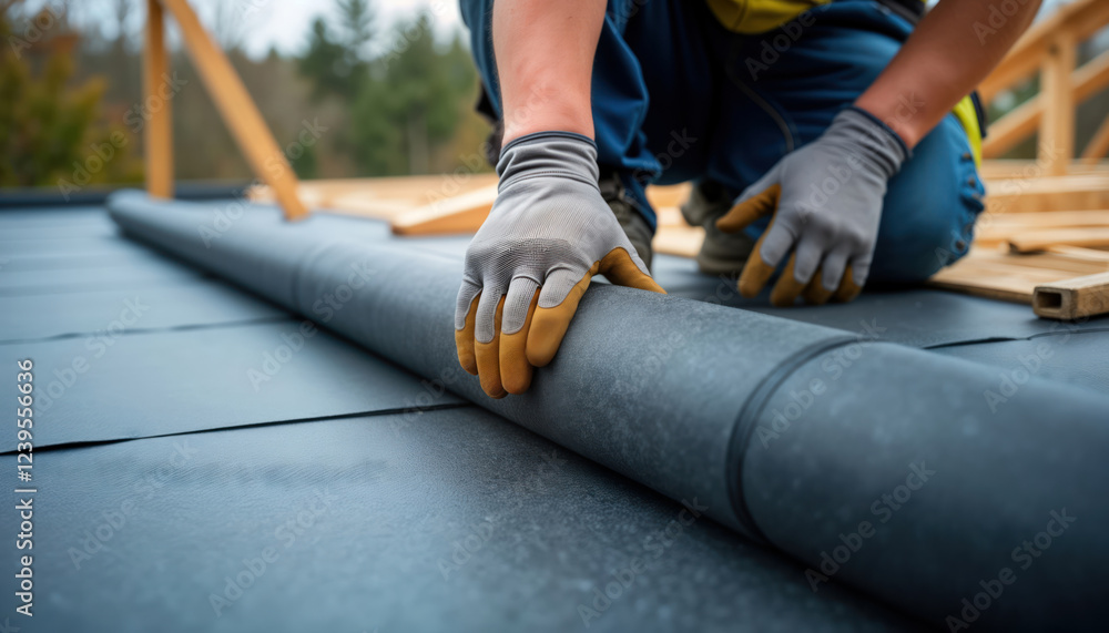 Roofing worker installing waterproofing felt on flat roof. Construction ...