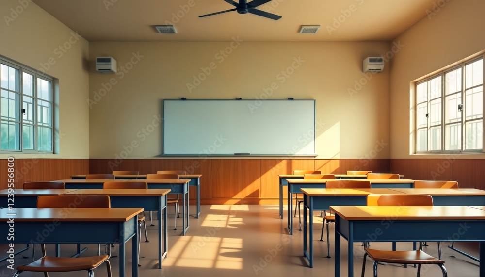 Empty school classroom with wooden-metal tables, chairs. Natural light ...