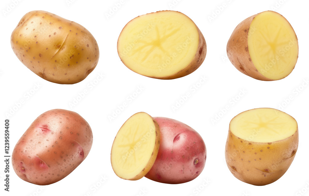 Various potatoes and potato halves, showcasing different varieties, cut ...