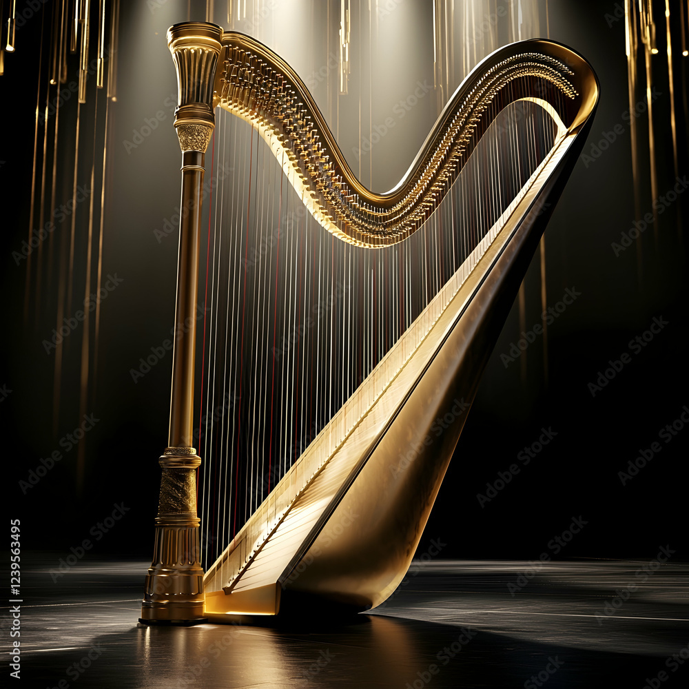 Golden harp on stage, spotlight, concert hall, musical performance ...