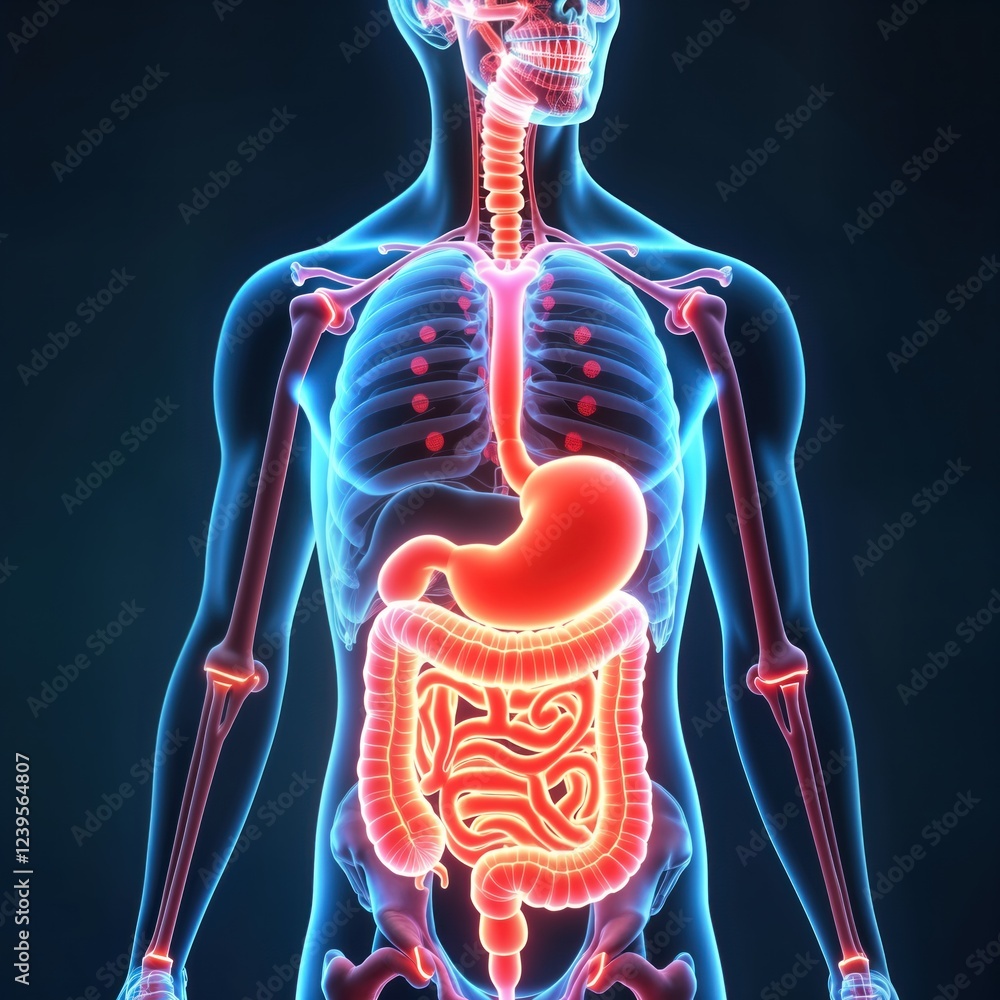 Holographic model of human digestive system. Anatomy diagram shows ...