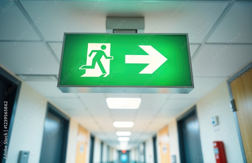 Emergency fire exit sign hangs from ceiling in hospital corridor. Green ...