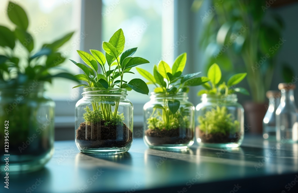 Small green plants in glass jars. Rich green plant cuttings in clear ...