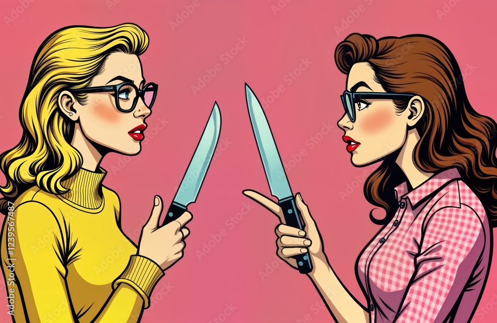 Two women confront holding knives. One woman points with index finger ...