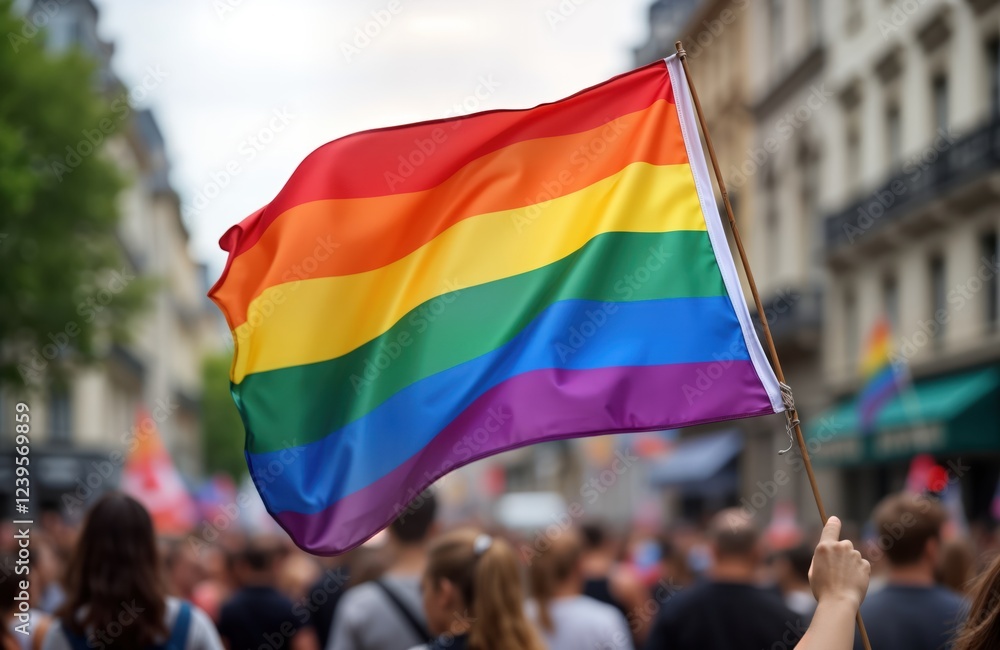 Stock-Foto „Rainbow pride flag blows in city street. Many people at ...