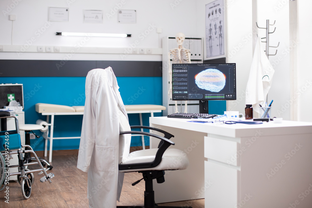 Modern clinic workstation features desktop pc displaying brain scan ...