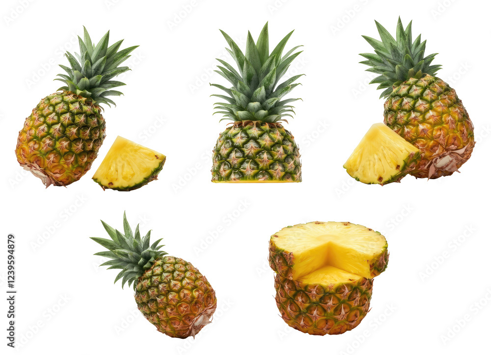 Various stages of pineapple, including whole, sliced, and ringed, set ...