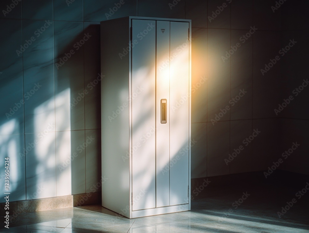 The image shows a white, multi-door locker in a room with tiled ...