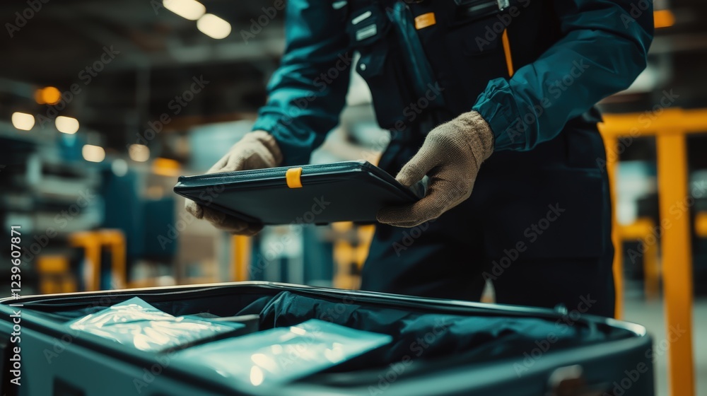 A customs officer opening a suitcase for a detailed inspection ...