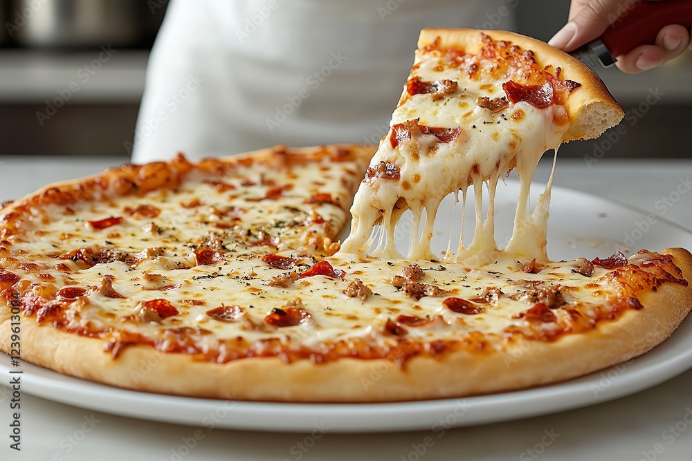 In the kitchen, pizza servers are lifting baked pizzas with plenty of ...