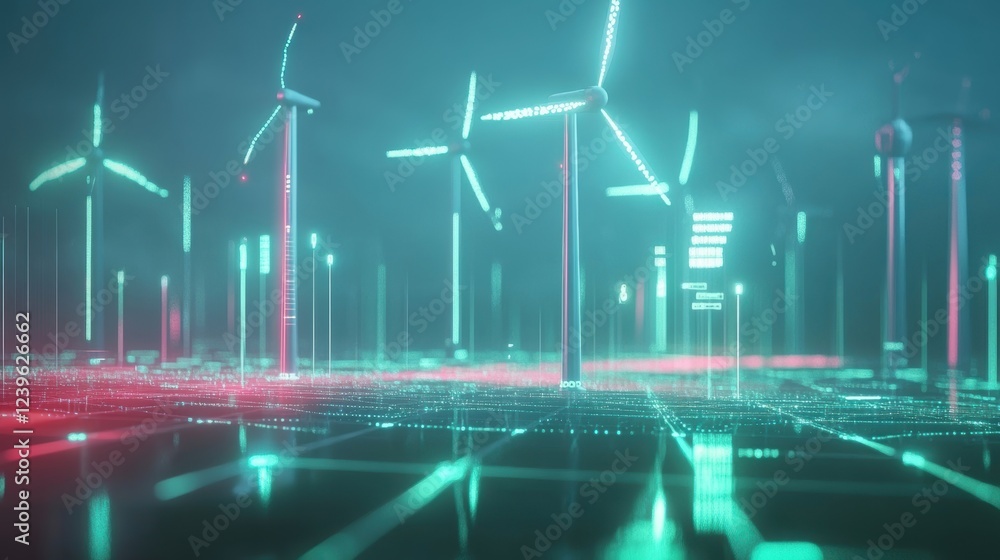 Futuristic wind farm generating renewable energy in a smart city ...