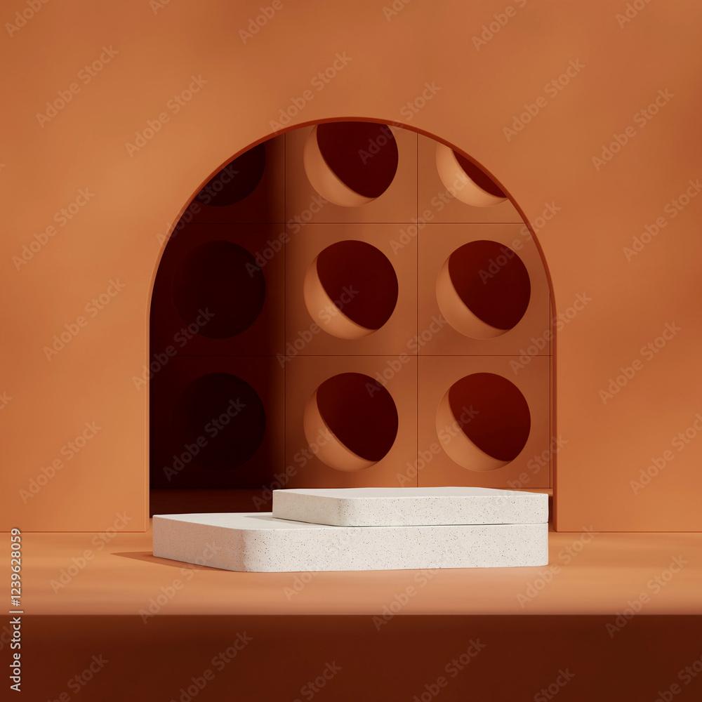 ceramic texture curved block podium in square arch and blocks, 3d image ...