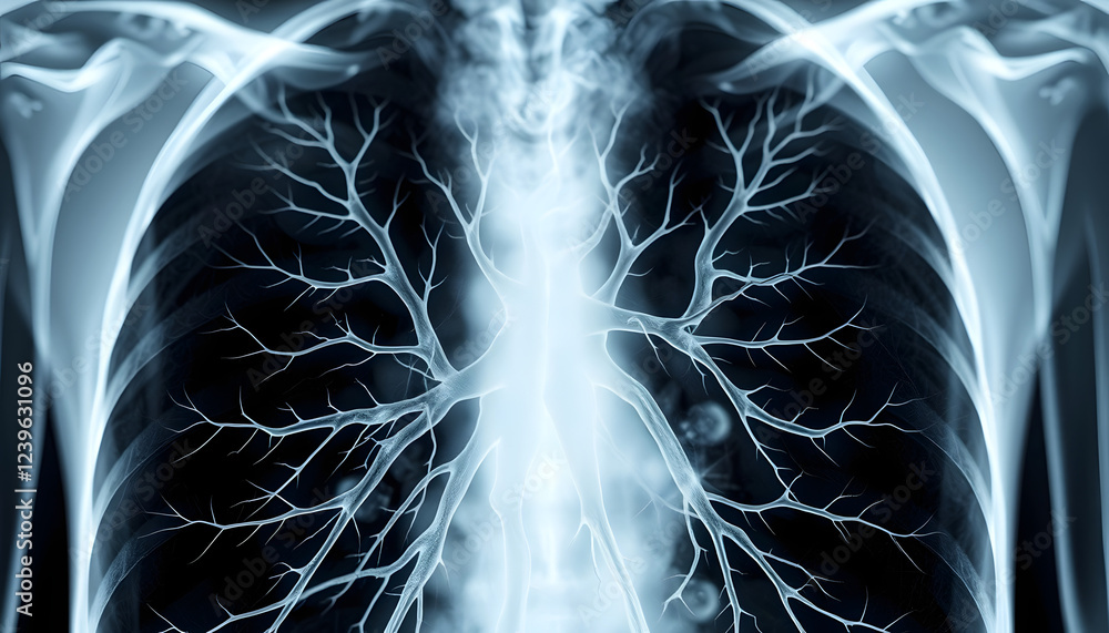 A highly detailed, close-up view of a healthy lung X-ray, focusing on ...