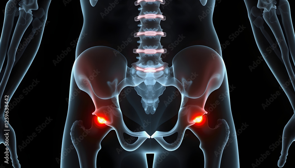 spine , hip joint , pelvis of a human body on x-ray front view , with ...