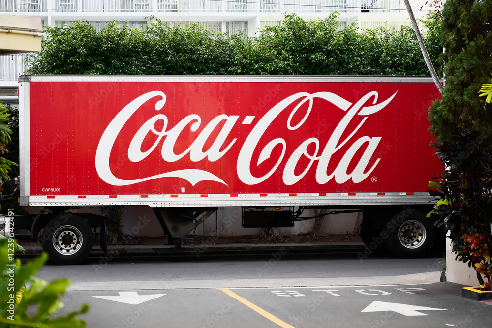 Honolulu, HI - Jan. 21, 2025: Coca-Cola company logo on delivery truck ...