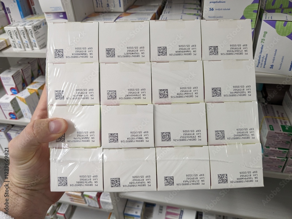 Prague,Czech rep-January 6 2025:QR code on medicine box. Falsified ...