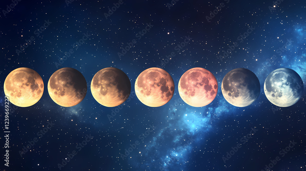 Vibrant celestial sequence of the moon's phases in a cosmic gradient ...