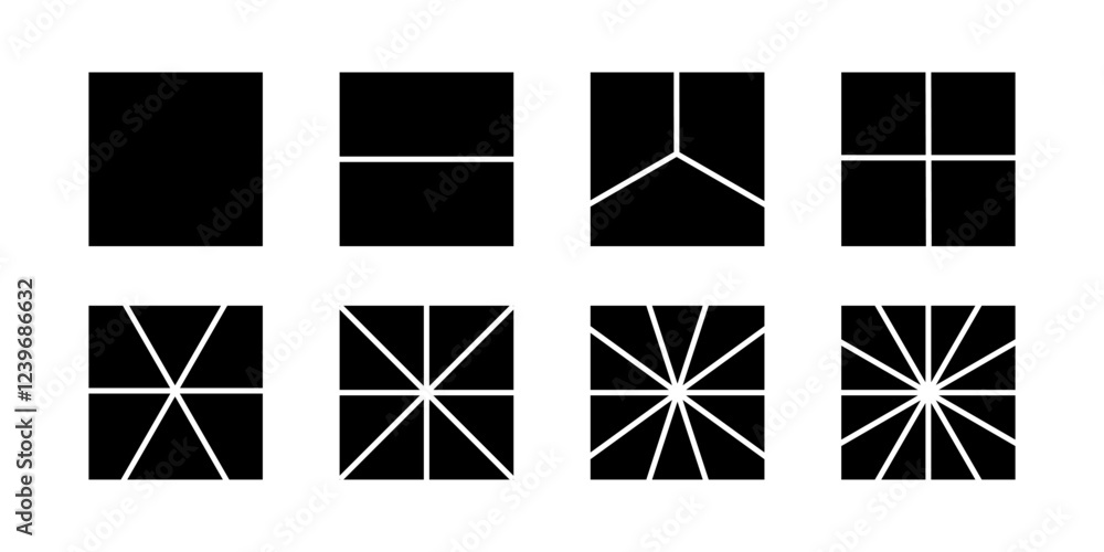 Square shapes divided into sectors from 2 to 12 isolated on white ...