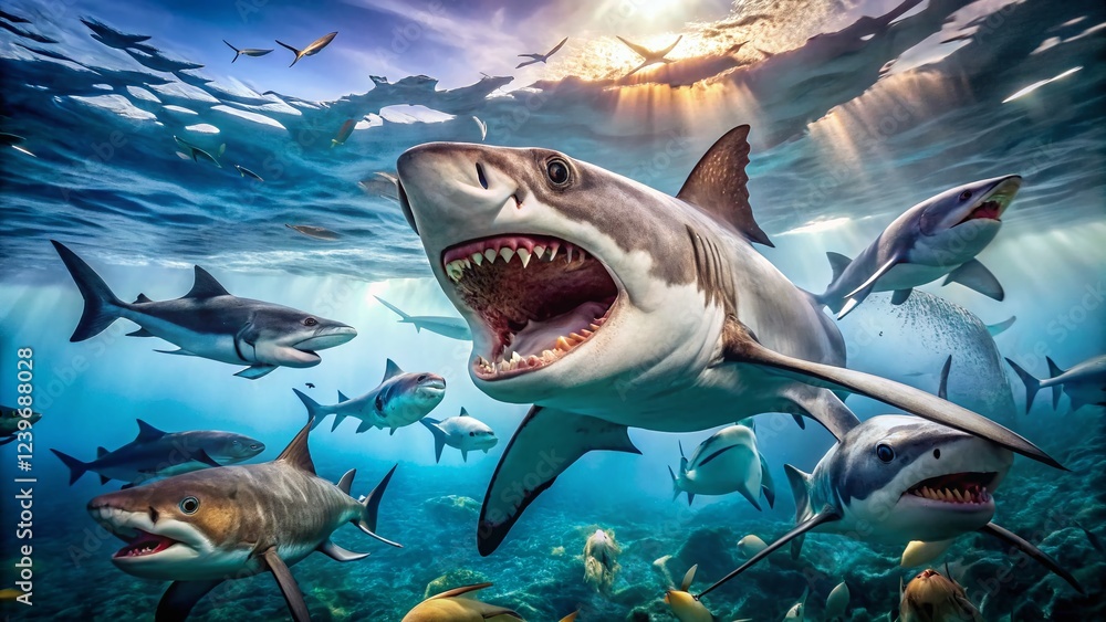 Ferocious Sharks in Underwater Hunting Frenzy with Razor-Sharp Exposed Teeth Stock Illustration ...