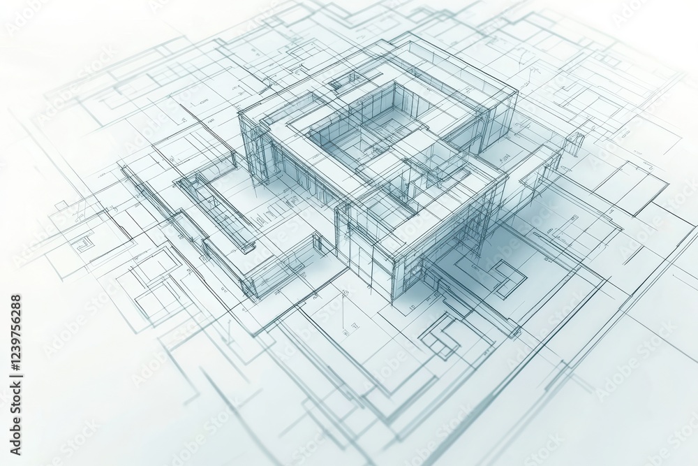 Architectural Design Blueprint: 3D Wireframe Model of a Modern Building ...