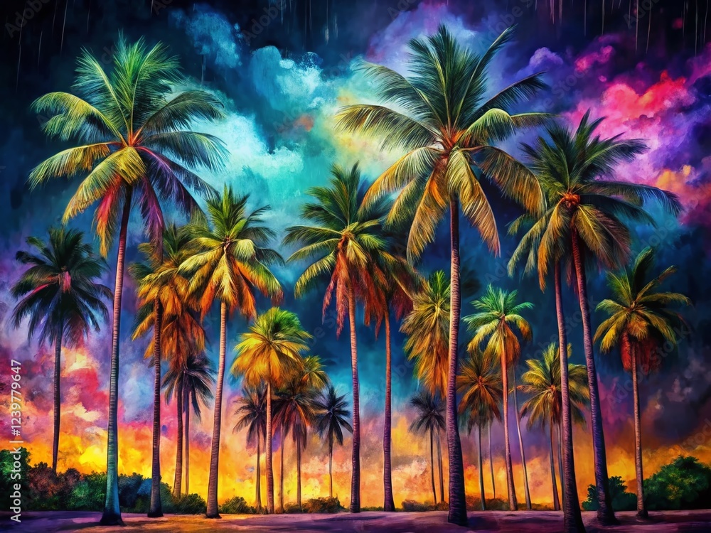 Low Light Palm Tree Modern Art Painting - Dramatic Night Scene Stock ...