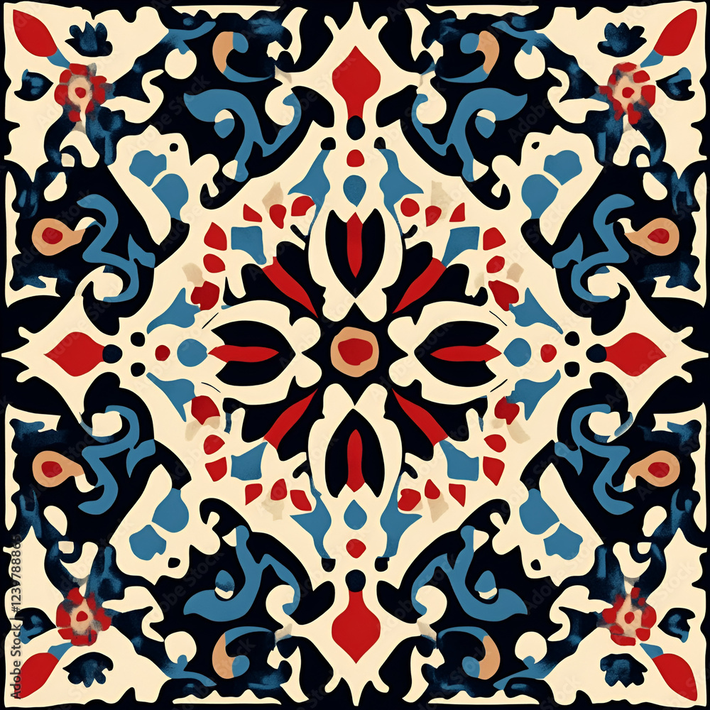 Ornamental Tile: A symmetrical square tile design with a detailed ...