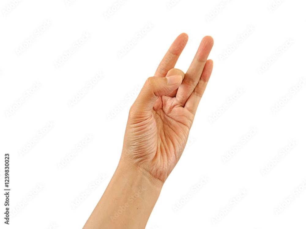Human hand forming a three finger sign, commonly used in communication ...