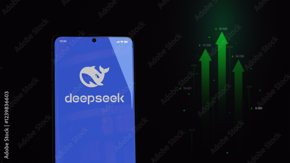 Deepseek app displayed on a smartphone screen alongside a growth chart, visualizing upward ...