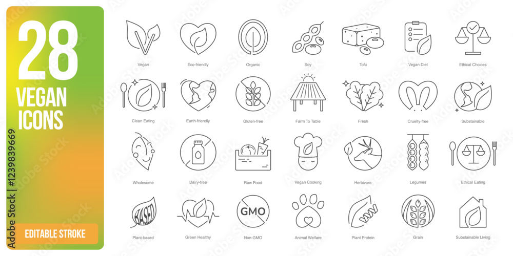 Vegan, vegetarian food and veganism icon set in line style symbol sign ...