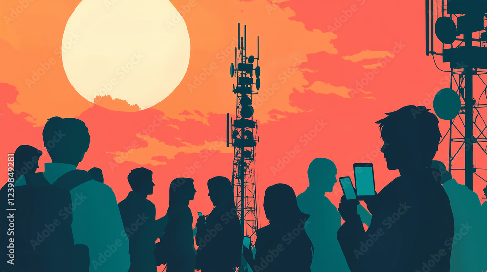 Illustration of people as signal towers, emitting waves from their ...