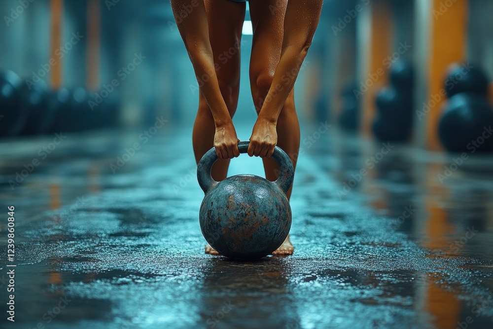 Strong Woman Lifting Kettlebell at Outdoor Gym Focused on Strength ...