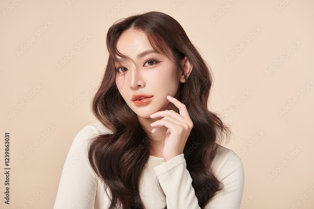 Beautiful young asian woman with clean fresh skin on beige background ...