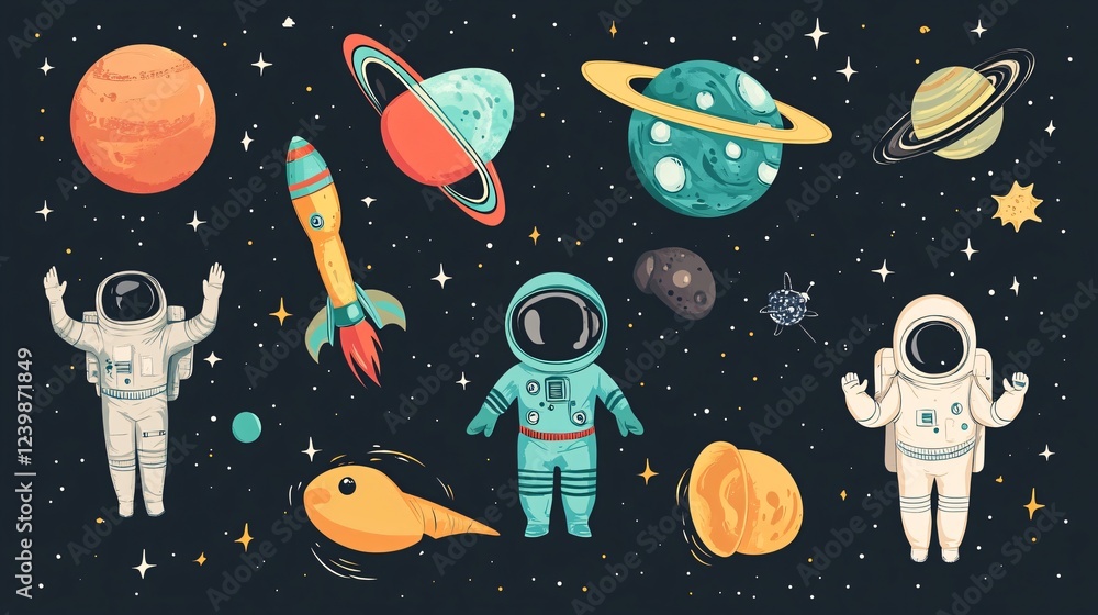 Vivid and Engaging Flat Vector Icon Set Illustrating Cosmic ...