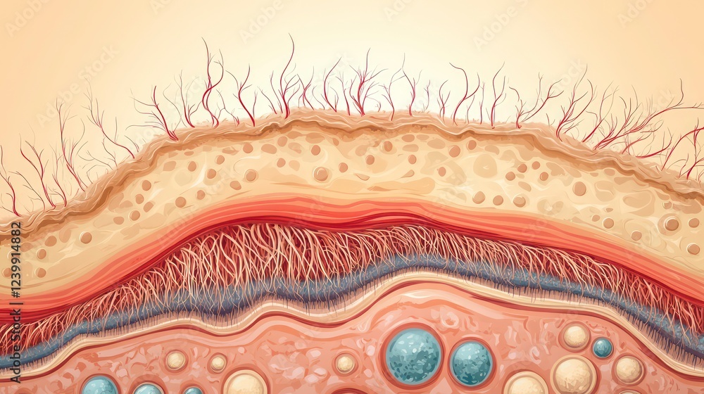 Microscopic cross-section of human skin showing epidermis, dermis, and ...