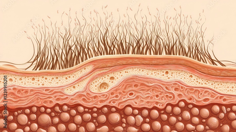 Microscopic cross-section illustration of human skin showing hair ...