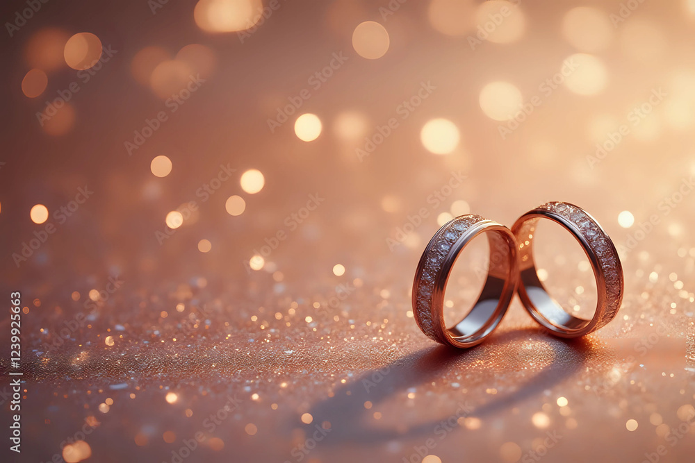 Designer wedding rings in the corner on a sparkling glitter background ...