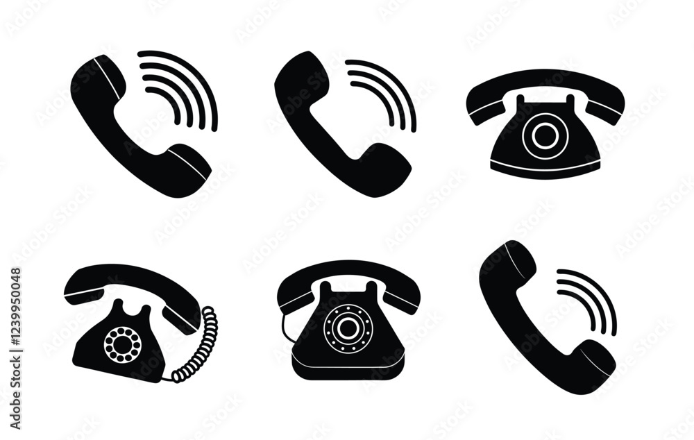 Collection of black and white vintage telephone icons, depicting ...