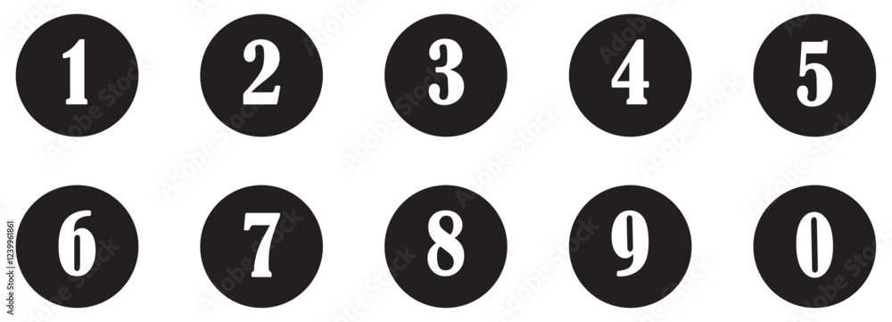 set of round number icons for 0 - 9. Black circular number icons set ...