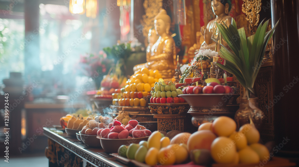 Buddhists prepare offerings of fruits and traditional foods in front of ...