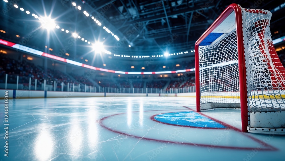 ice hockey. The ice gleams under the bright, artificial lights ...