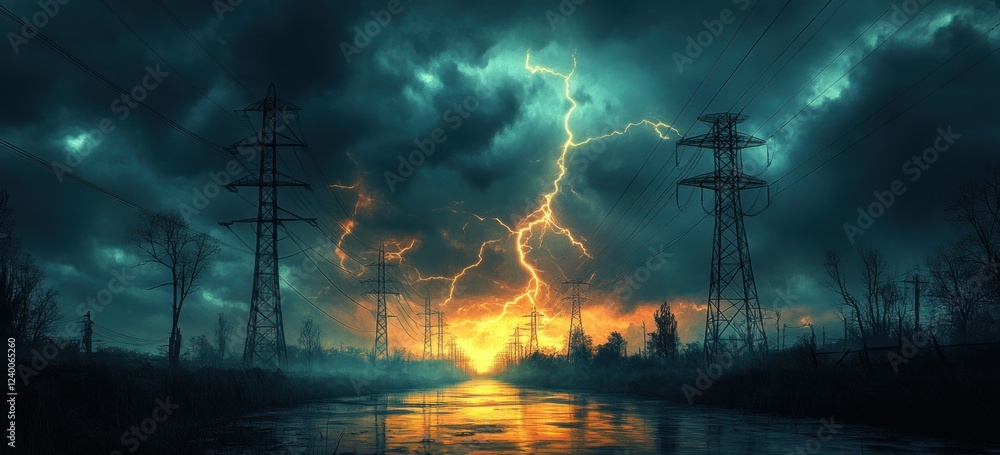Surreal Power Lines with Glowing Arcs Against Dark Sky - High Voltage ...