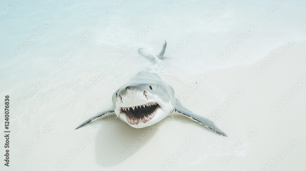 Great White Shark in Shallow Water: A majestic great white shark, mouth ...