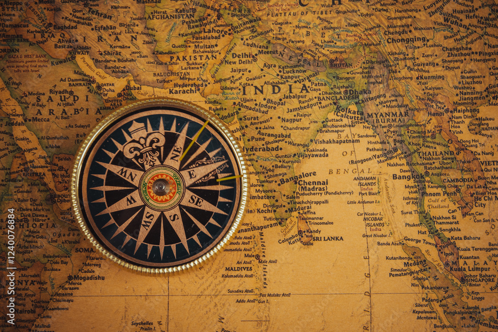 Compass on old map of the world. Journey and discovery concept Stock ...