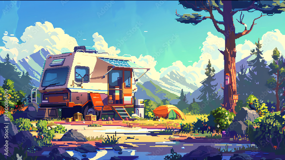 Illustrate a high-tech, solar-powered cooking gadget in a wilderness ...