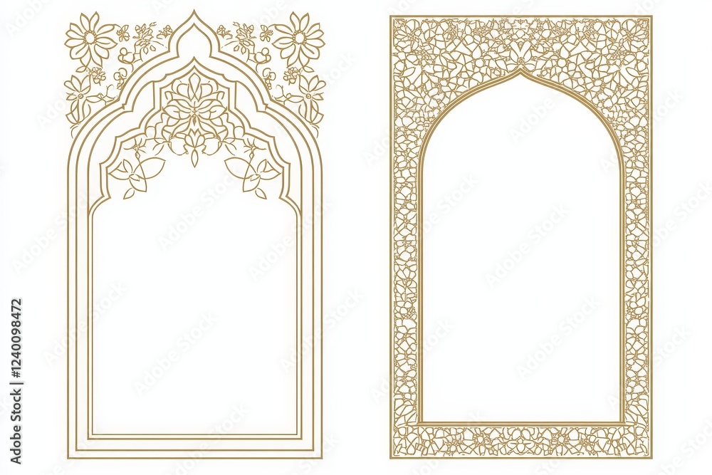 Ornate Islamic arch frames, floral design, white background, invitation ...