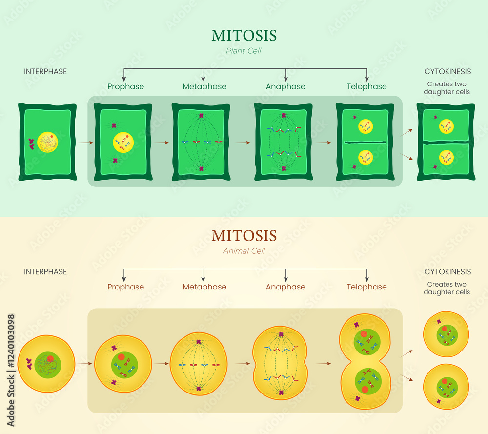 Diagram of Mitosis Illustration Showing Cell Division in Plant and Animal Cells Stock ...