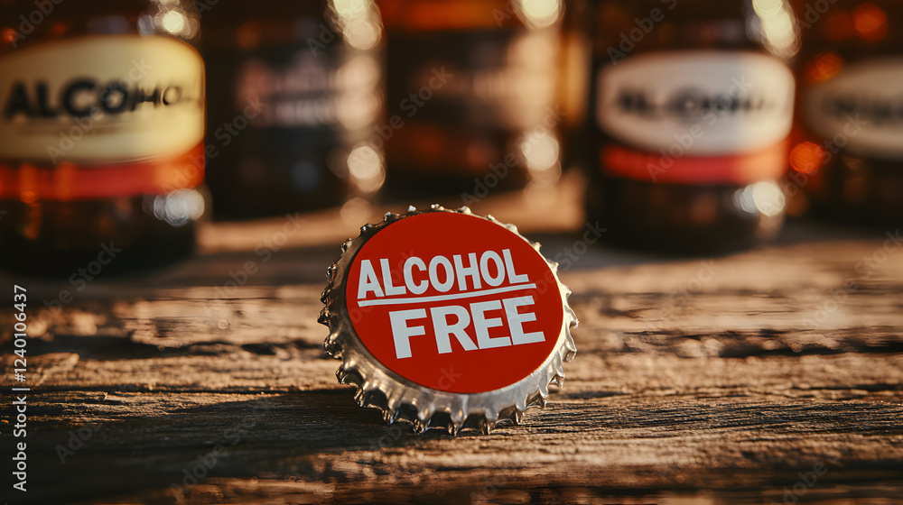 Beer bottle cap labeled alcohol free on wooden surface, symbolizing non ...