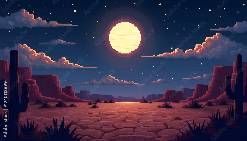 Animated 8-bit desert scene featuring pixelated cacti under a vintage ...